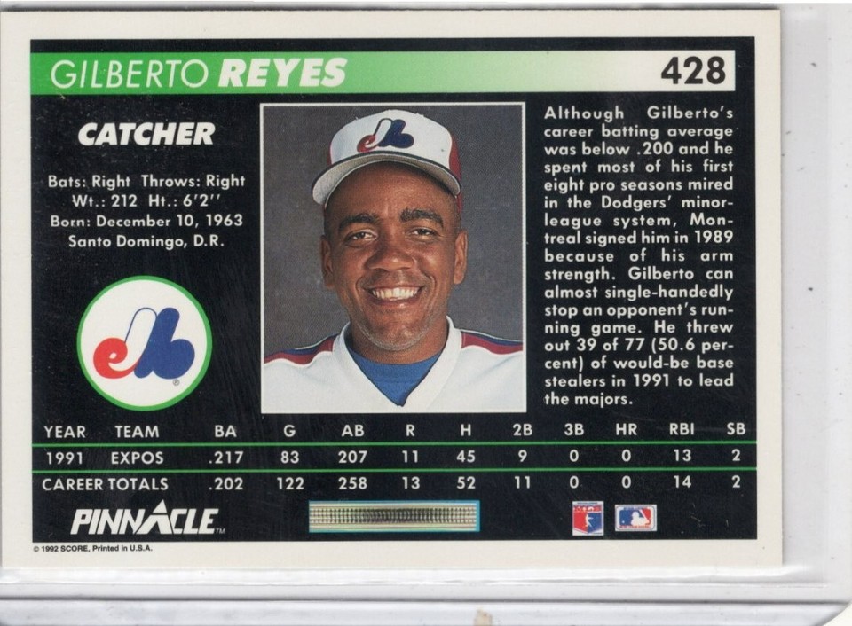 1992 Pinnacle Gilberto Reyes #428 Montreal Expos Baseball Card | eBay