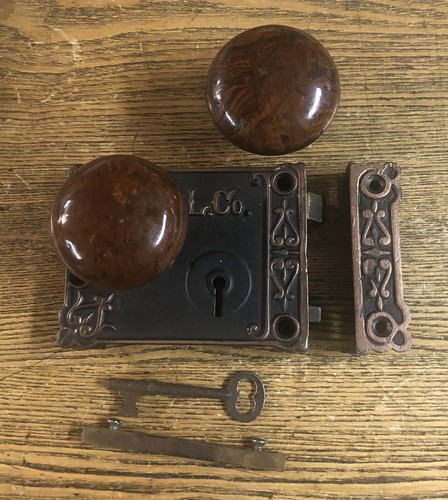 Antique RL Co Ornate Cast Iron Rim Lock, Keeper, Key & Mineral ...