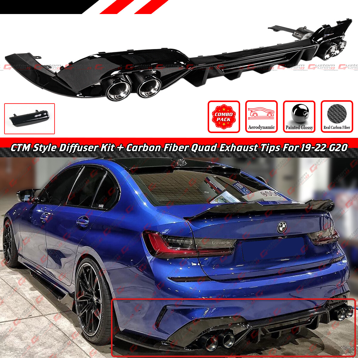 FOR 19-22 BMW G20 M SPORT M340i CTM DIFFUSER KIT + CARBON FIBER QUAD ...