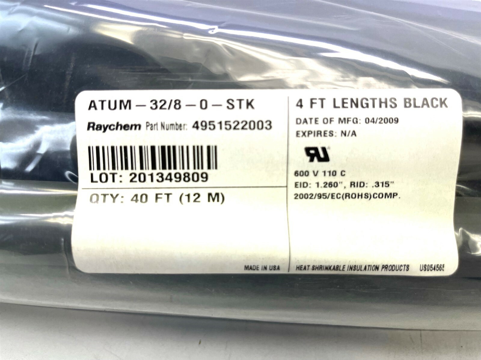 RAYCHEM ATUM-32/8-0-STK Heat Shrinkable Tubing Polyolefin Black Stick ...