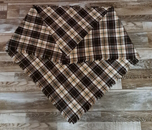 Womens Vintage Triangle Scarf Wool Tartan Plaid Brown Fringe Mid ...