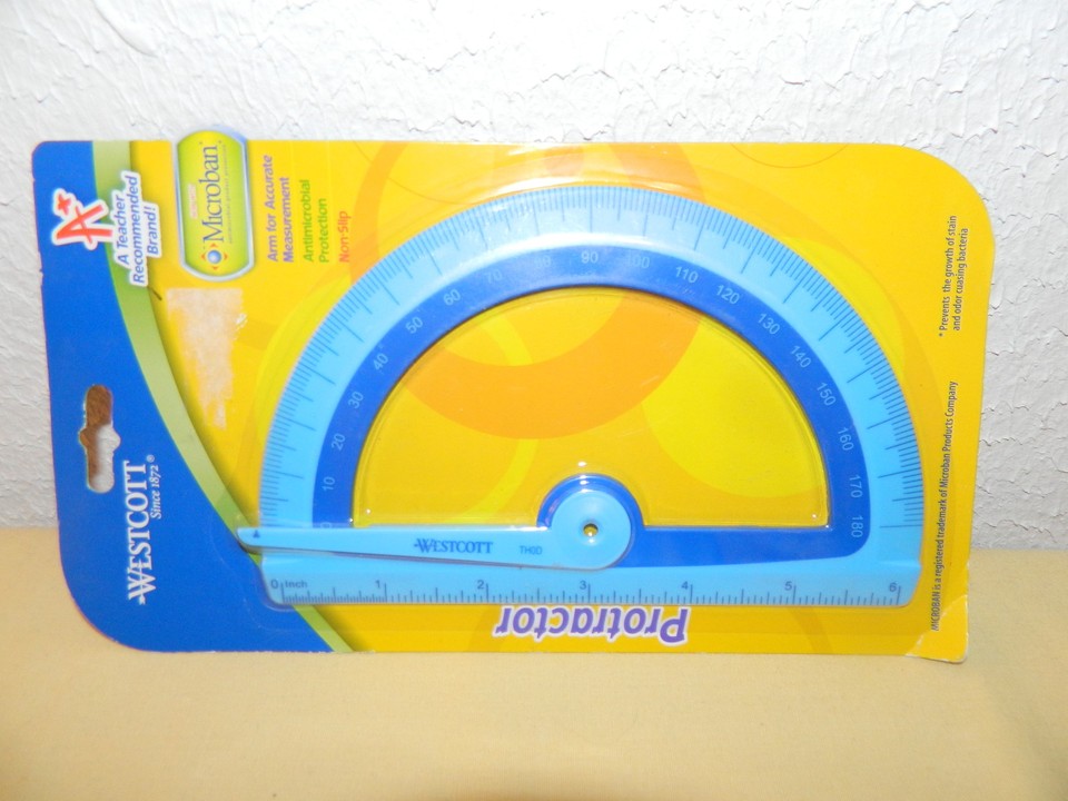NEW SEALED BLUE ON BLUE WESTCOTT KLEEN EARTH PLASTIC PROTRACTOR RULER ...