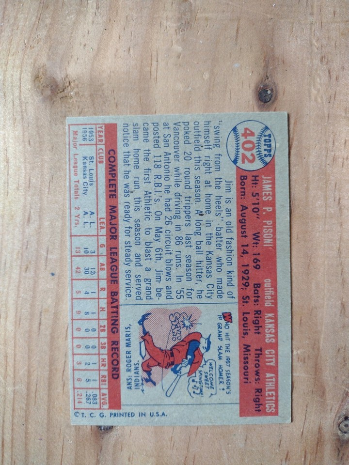 1957 TOPPS #402 JIM PISONI Kansas City A's NM | eBay