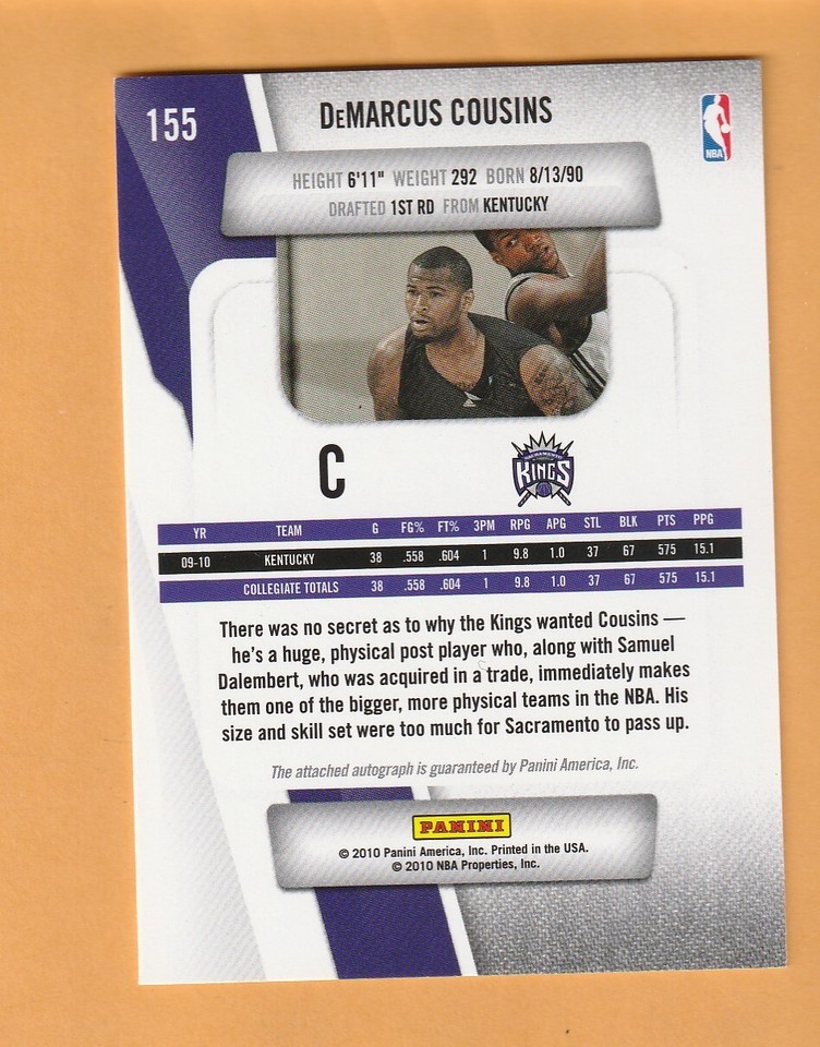 DeMarcus Cousins Sacramento KIngs 2010-11 Prestige #155 RC Rookie ...