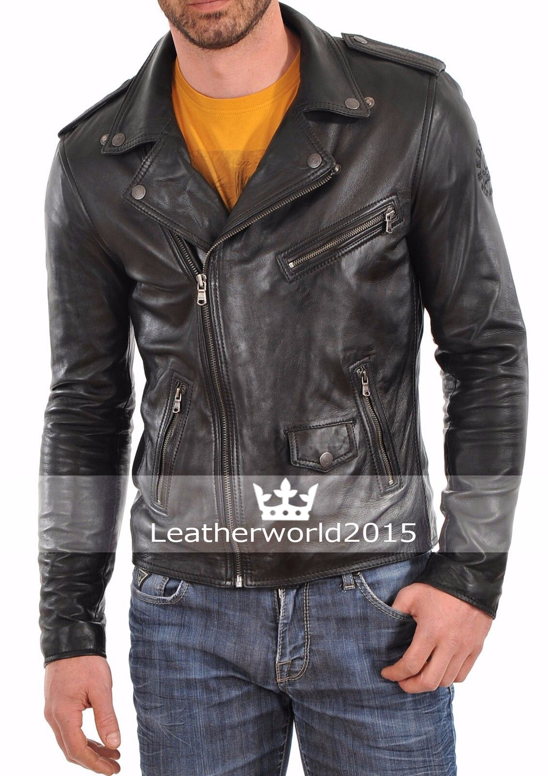 Men Black Biker Jacket Genuine Lambskin Leather Motorcycle Jacket Rider ...