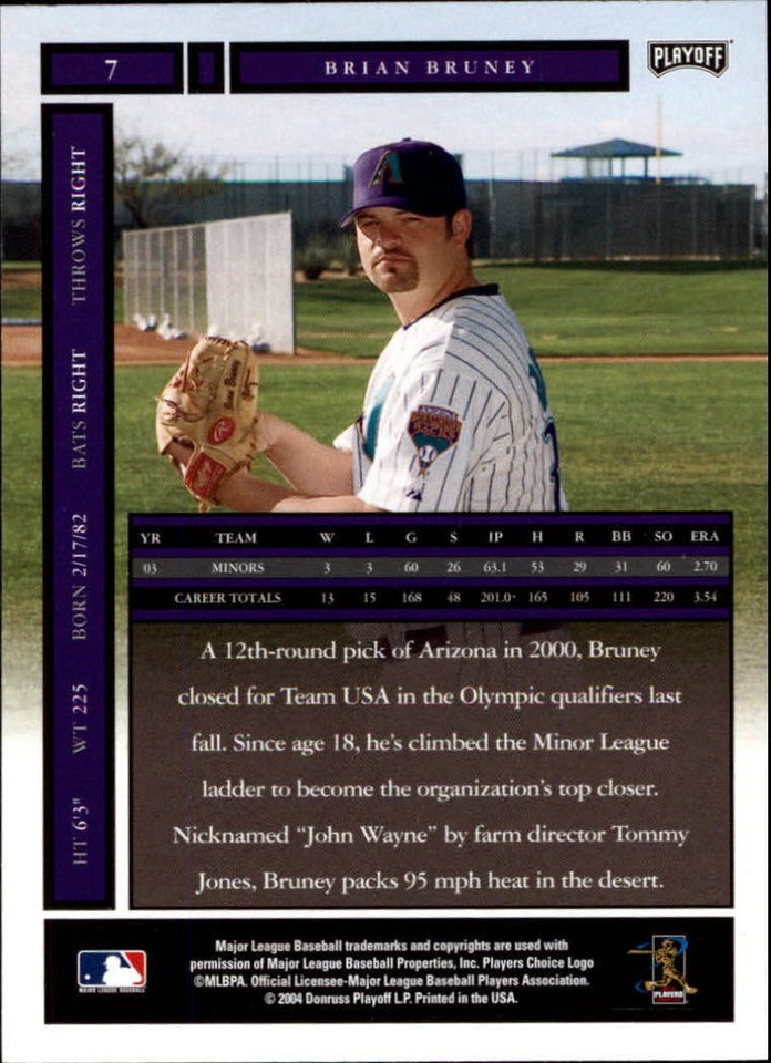2004 Playoff Honors Arizona Diamondbacks Baseball Card #7 Brian Bruney ...