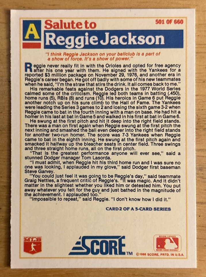 1988 Score “1976 Reggie Jackson Salute” Card #501 Orioles HOF “Mr ...