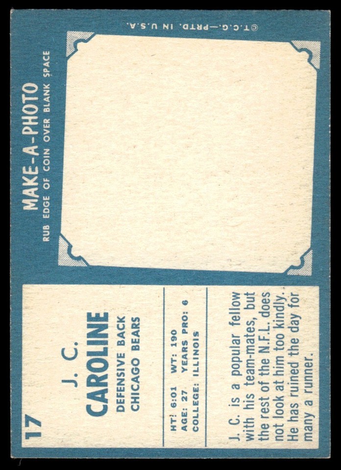 1961 Topps J.C. Caroline . Chicago Bears #17 | eBay