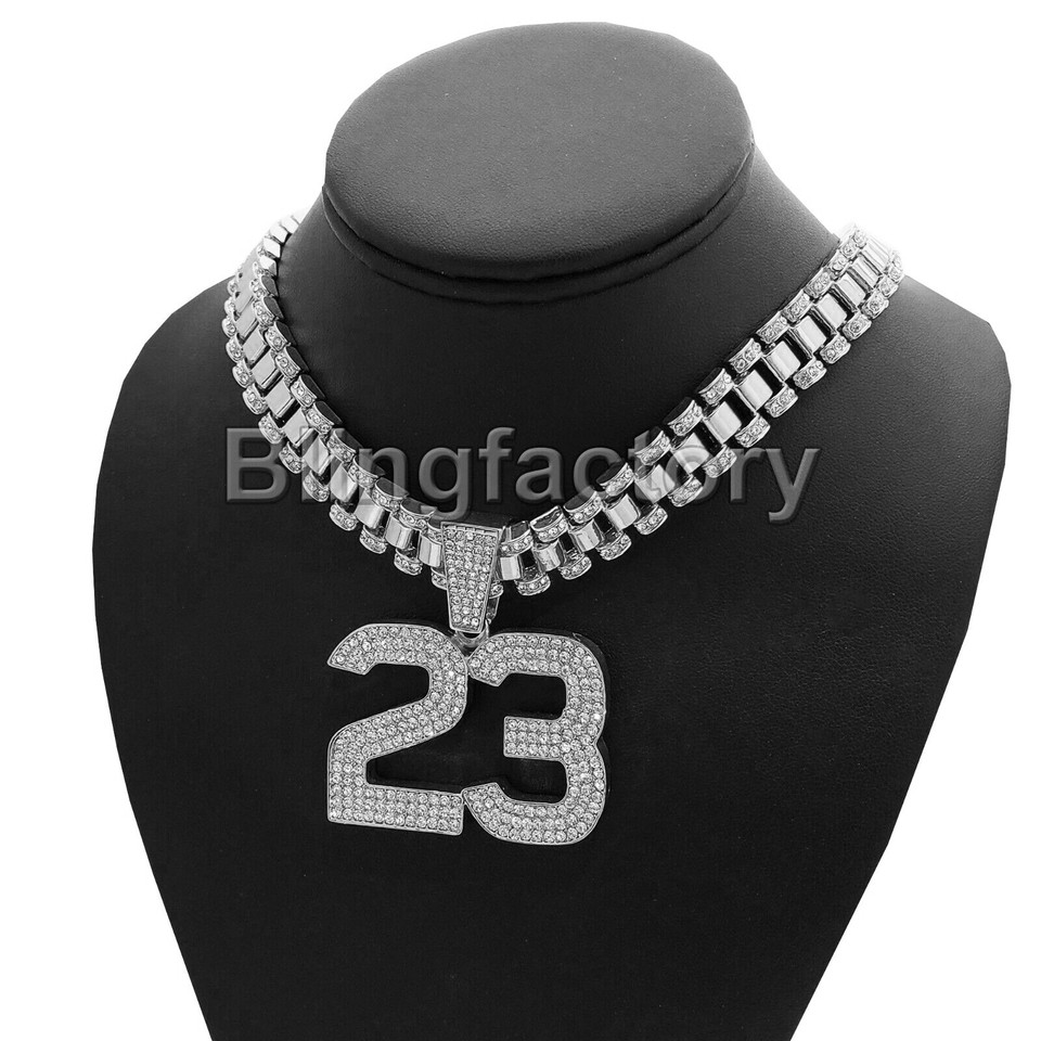 Hip Hop Iced Silver Tone Number 23 & 18" Iced Rollie Link Choker Chain ...