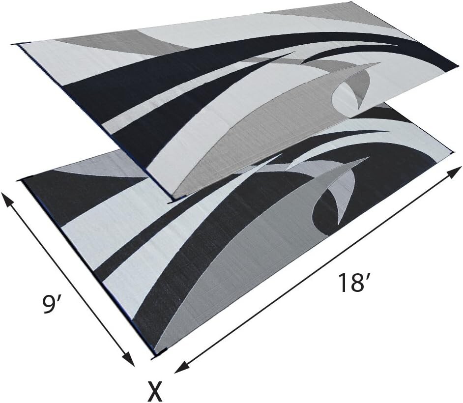 RV Patio Mat 9x18 Black White Reversible Trailer Beach Camping Camper ...