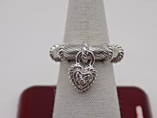 STERLING SILVER JUDITH RIPKA DANGLE CZ HEART ROPE TWIST ORNATE RING ...