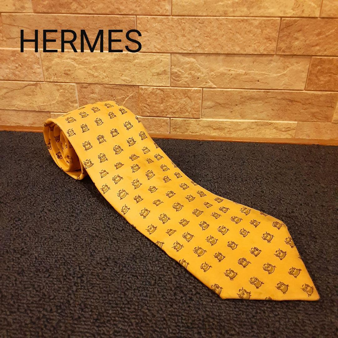 Hermes Authentic Men Necktie Tie Owl Pattern Yellow 5… - Gem
