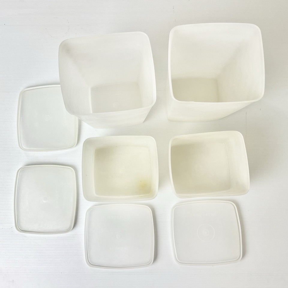 4 STACKABLE VINTAGE TUPPERWARE CLEAR SQUARE TALL and SHORT CONTAINERS ...
