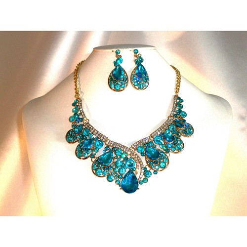 Teal aqua blue rhinestone necklace, wedding MOB prom evening drag queen ...