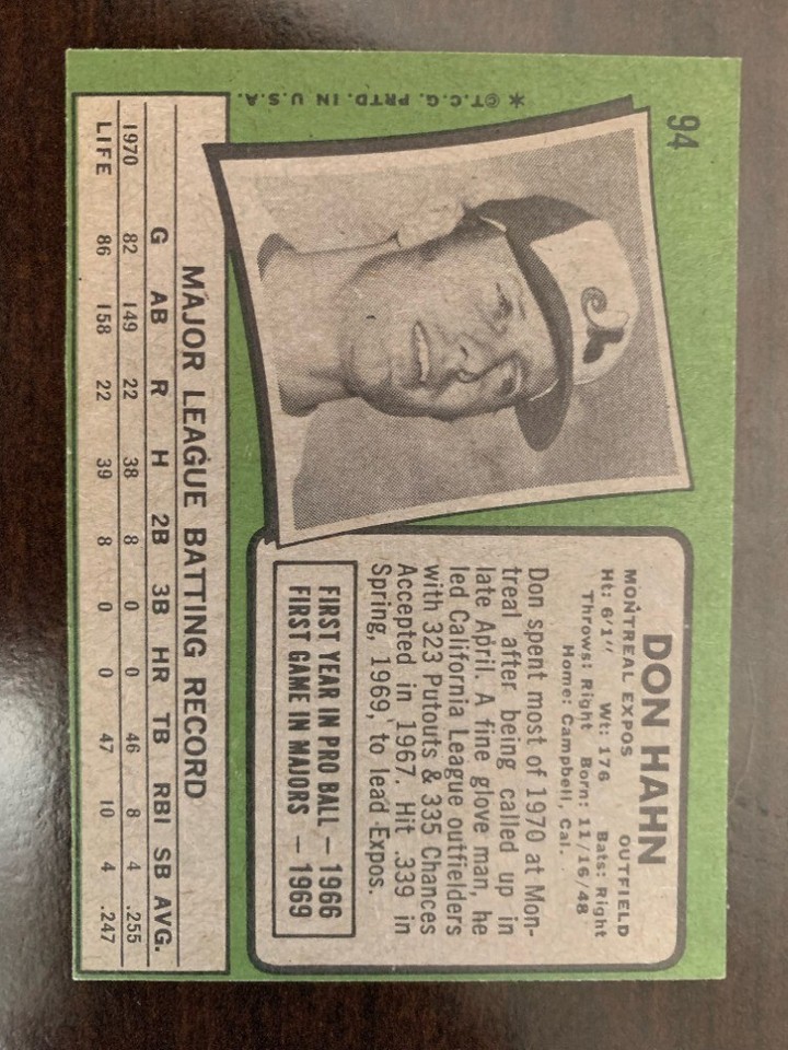 1971 TOPPS DON HAHN #94 Excellent Condition EXPOS | eBay