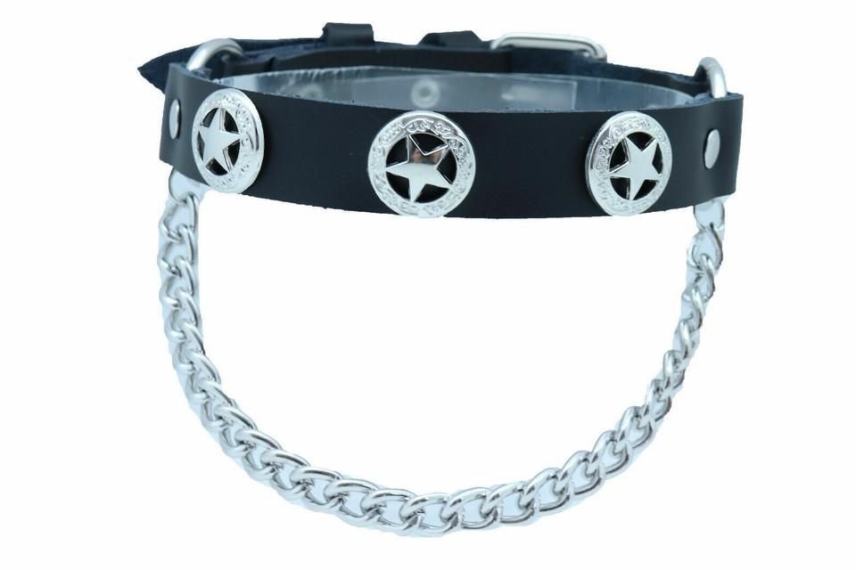 Biker Men Western Women Boots Silver Chain Black Faux Leather Straps ...