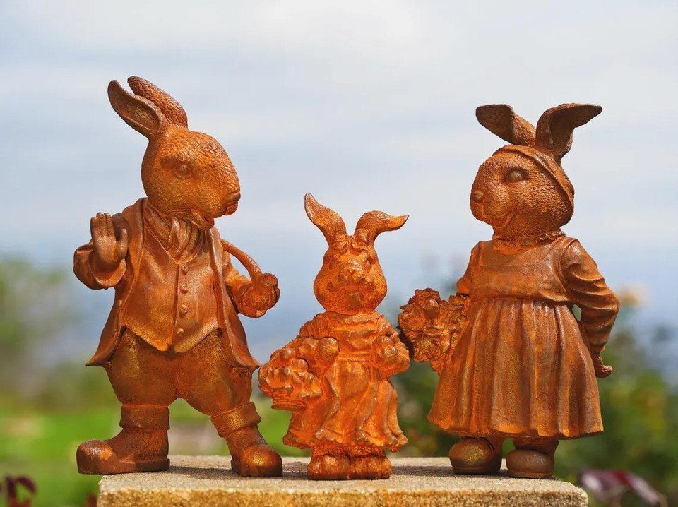 Vintage Cast Iron Bunny Statue Metal Garden Decor, Cottagecore Outdoor ...