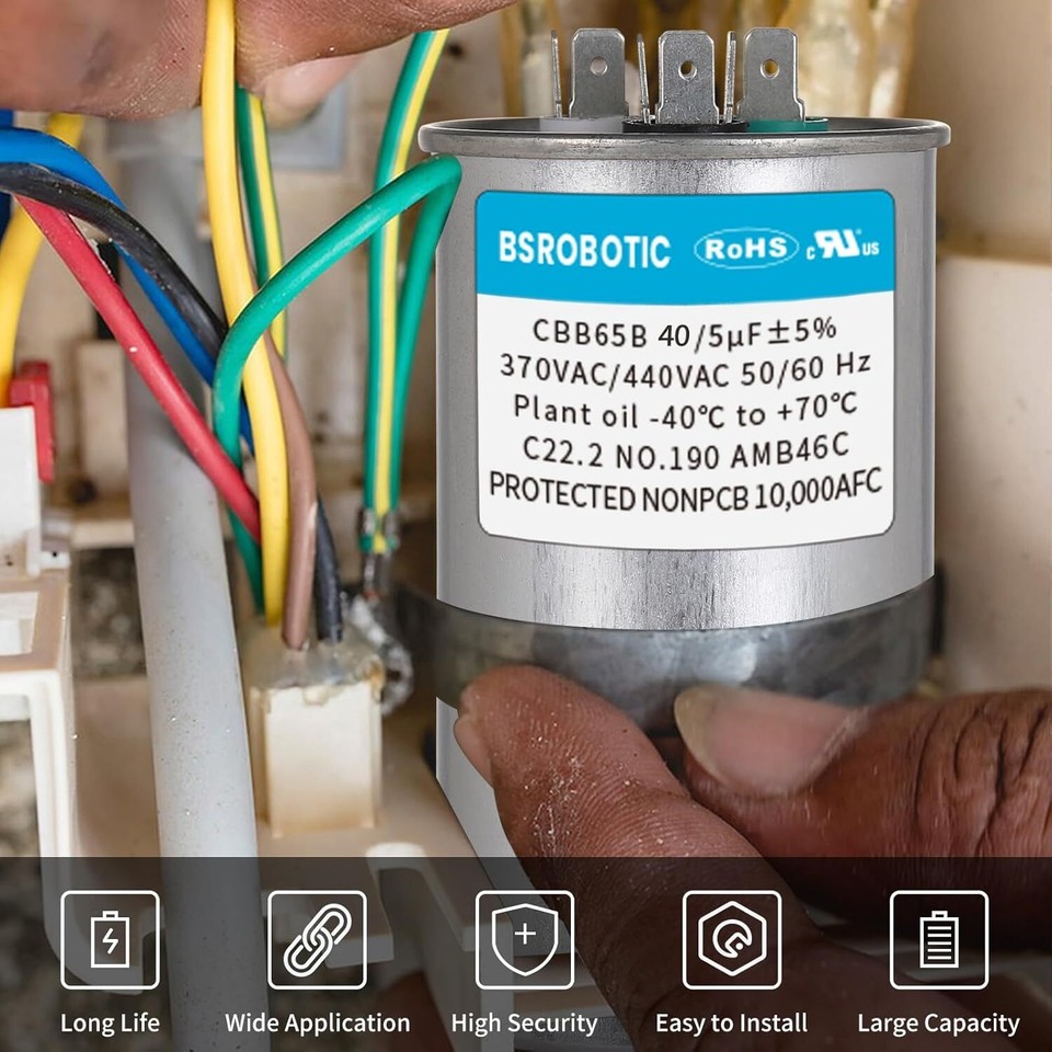 40/5 440V CBB65B AC Capacitor - 40+5 Uf ±5% MFD 370/440 Volt Dual Run ...