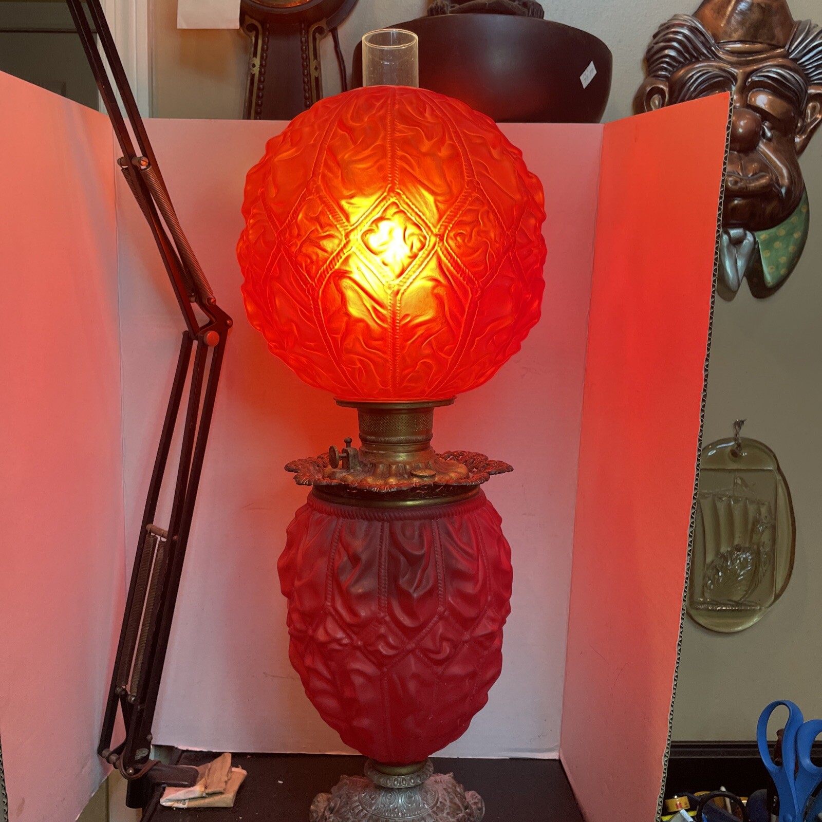 Antique consolidated red satin glass oil lamp from 1880 converted To ...
