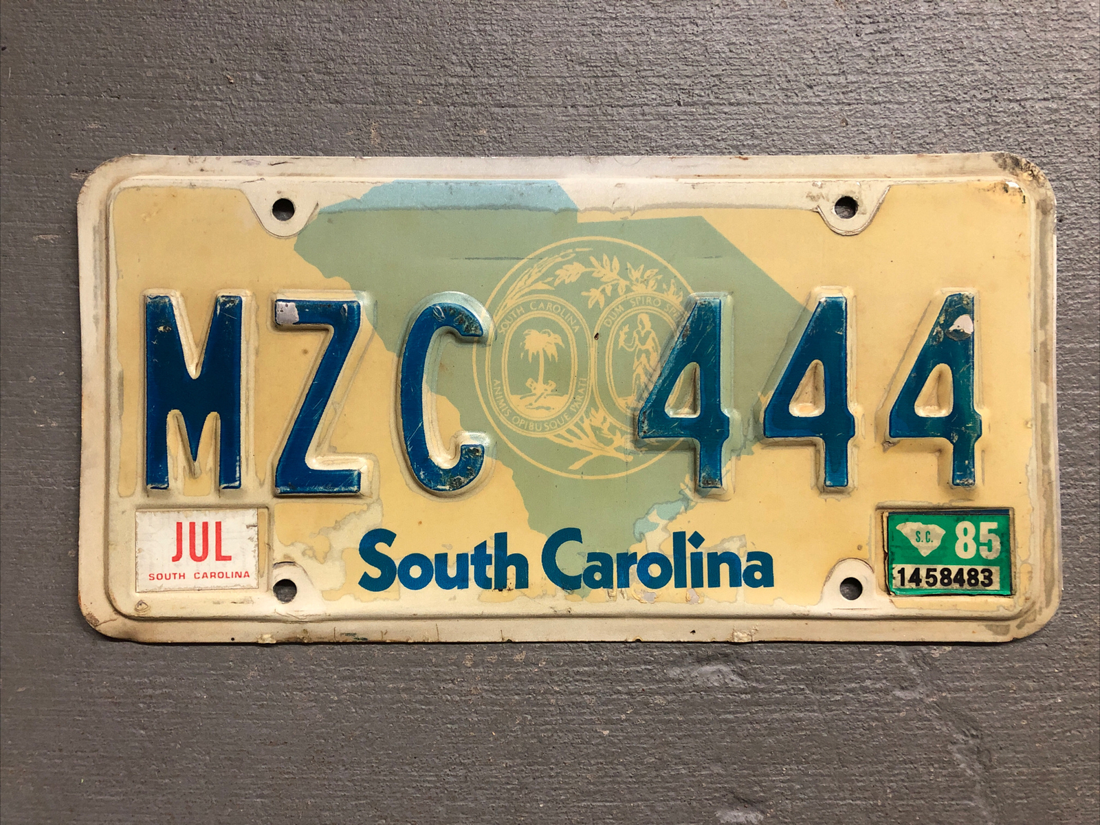 VINTAGE SOUTH CAROLINA LICENSE PLATE BLUE/WHITE STATE SEAL MZC-444 JULY ...