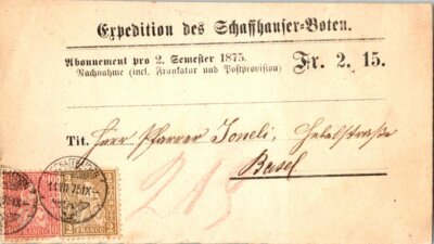 Switzerland 2c and 10c Helvetia Seated 1875 Schaffhausen Wrapper to ...