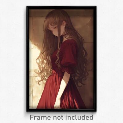 Anime Art Poster - Girl Feeling Miserable Wearing Fantastic Red Dress ...