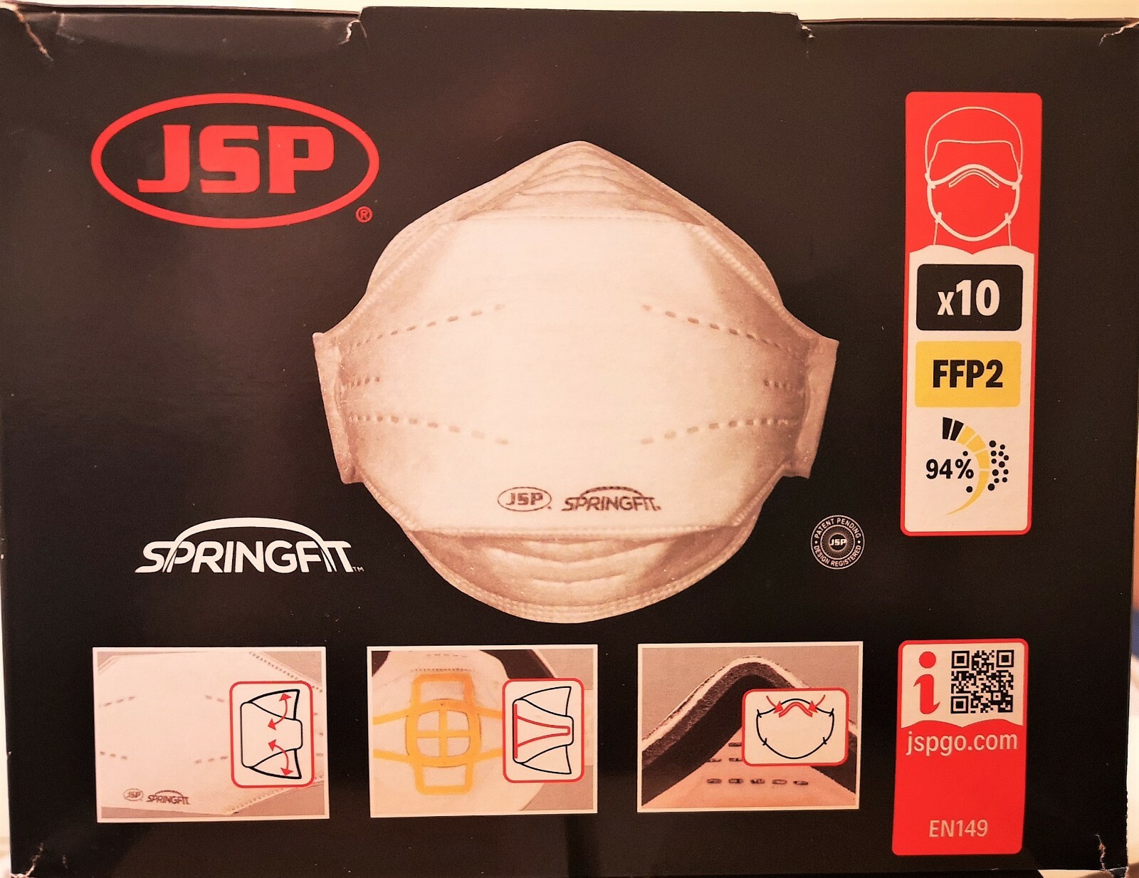 JSP FFP2 Face Mask 421ML SpringFit Unvalved Flat Fold Respirator Box of ...