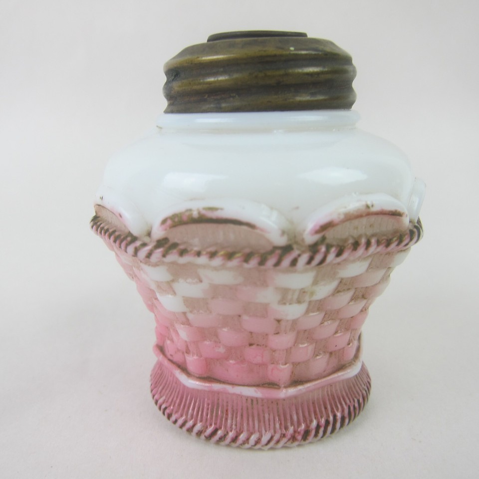 Antique Miniature Oil Lamp Base Pink & White Milk Glass Basket Weave 3 ...