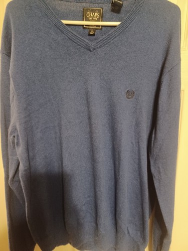 Chaps Sweater Cotton Cashmere Sz Large Blue V-Neck Long Sleeve Solid ...