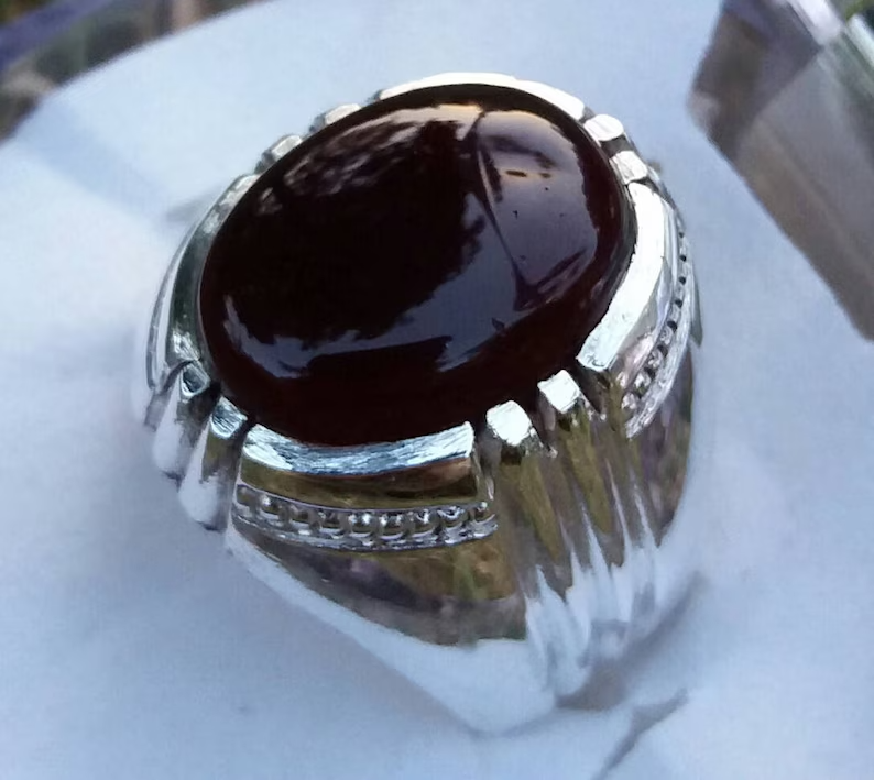 Real Aqeeq Ring for men Dark Black Kabadi Agate Akik Rings Islamic Ring ...