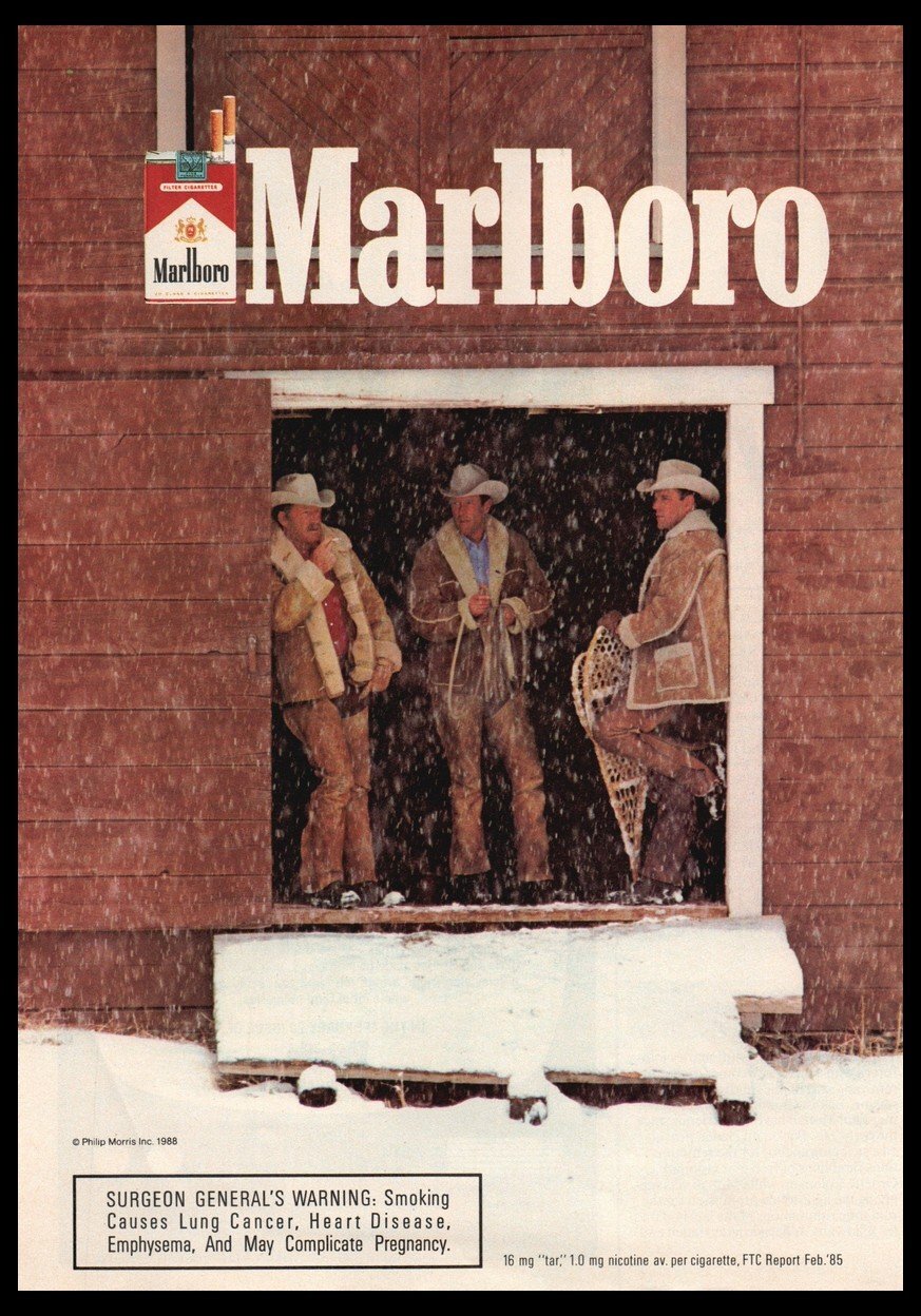 1988 Marlboro Reds-cigarette print ad/mini poster-Cowboy Hat men stable ...