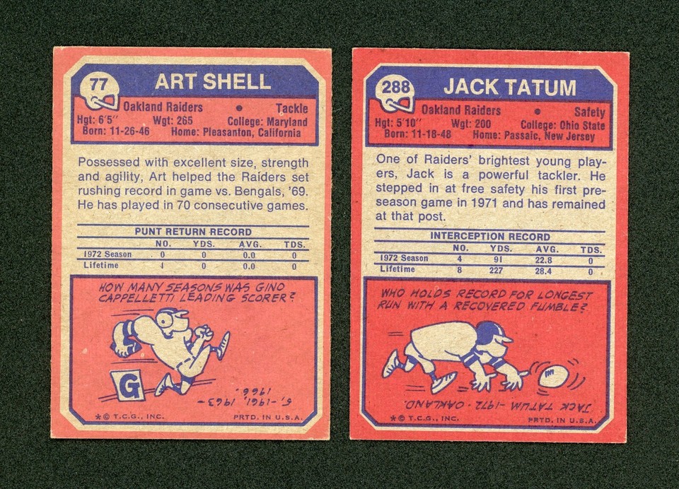 1973 Topps ART SHELL & JACK TATUM Rookie Cards #77 & 288 ~ VG+ ~ HOF ...