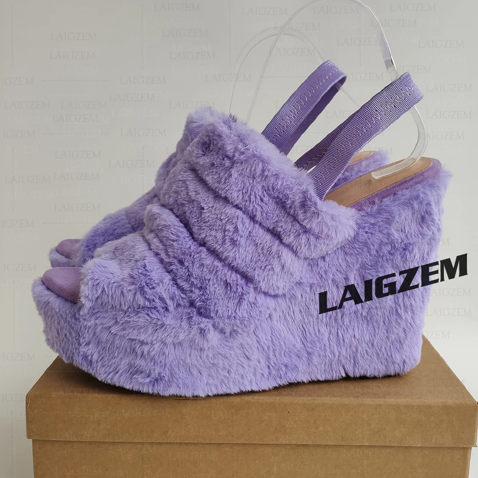 Women Sandals Fluffy Platform Wedges Peep Toe Slingbacks Handmade Pumps ...
