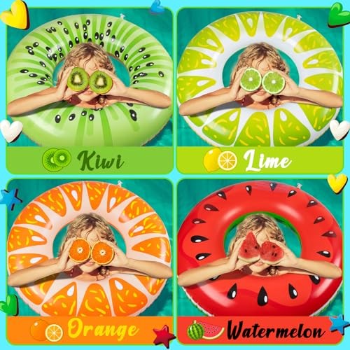 7PCS Pool Floats: Watermelon Kiwi Orange Lemon Swimming Rings with 13.5 ...