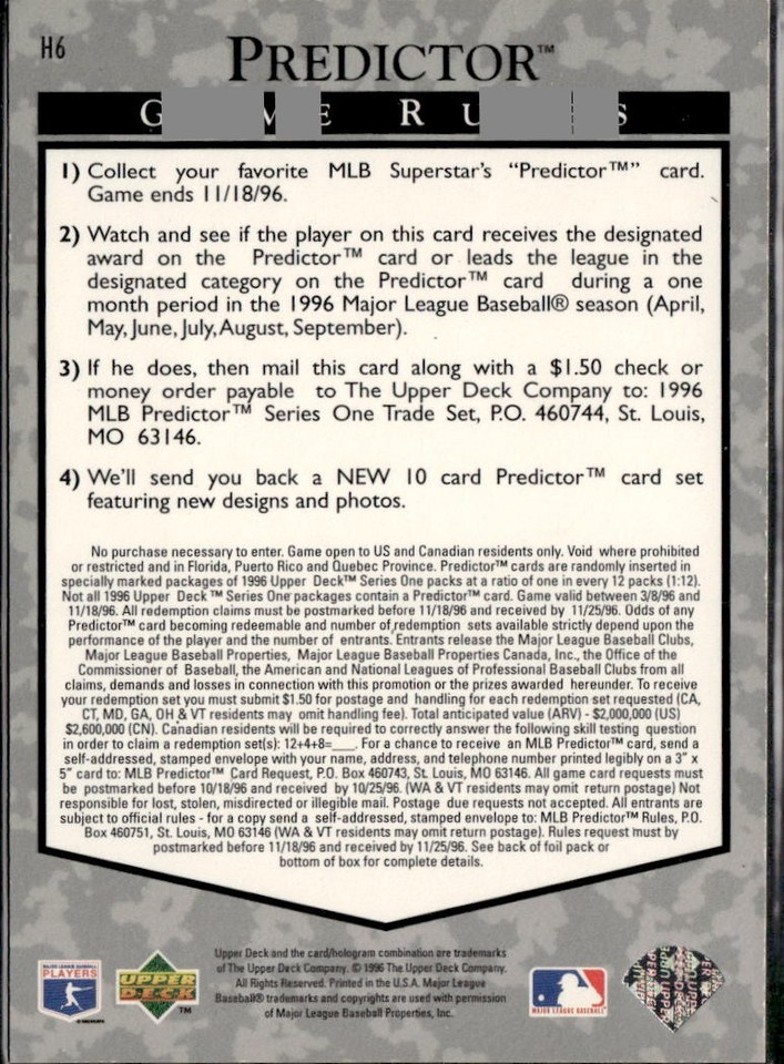 Cal Ripken Jr. 1996 Upper Deck #H6 Predictors: Hobby Baltimore Orioles ...