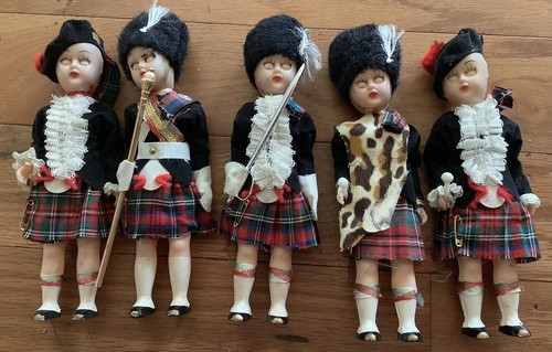 6 Vtg Scottish Scotland Guard Dolls Red Tartan Kilts Eyes Operable ...