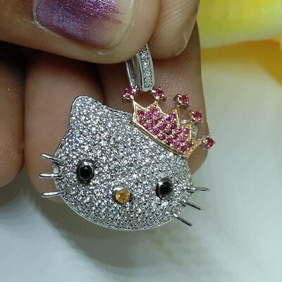 1.75Ct Round Simulated Pink Sapphire Hello Kitty Pendant14K Two Tone ...