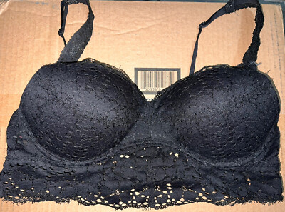Victoria's Secret PINK black Bra wireless floral Crochet Lace LARGE ...