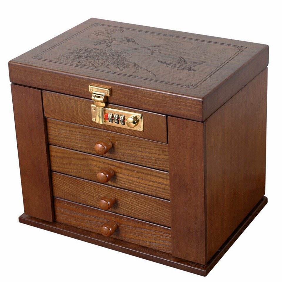 5 Layers Vintage Large Jewelry Organizer Wooden Storage Box Case with 4 ...