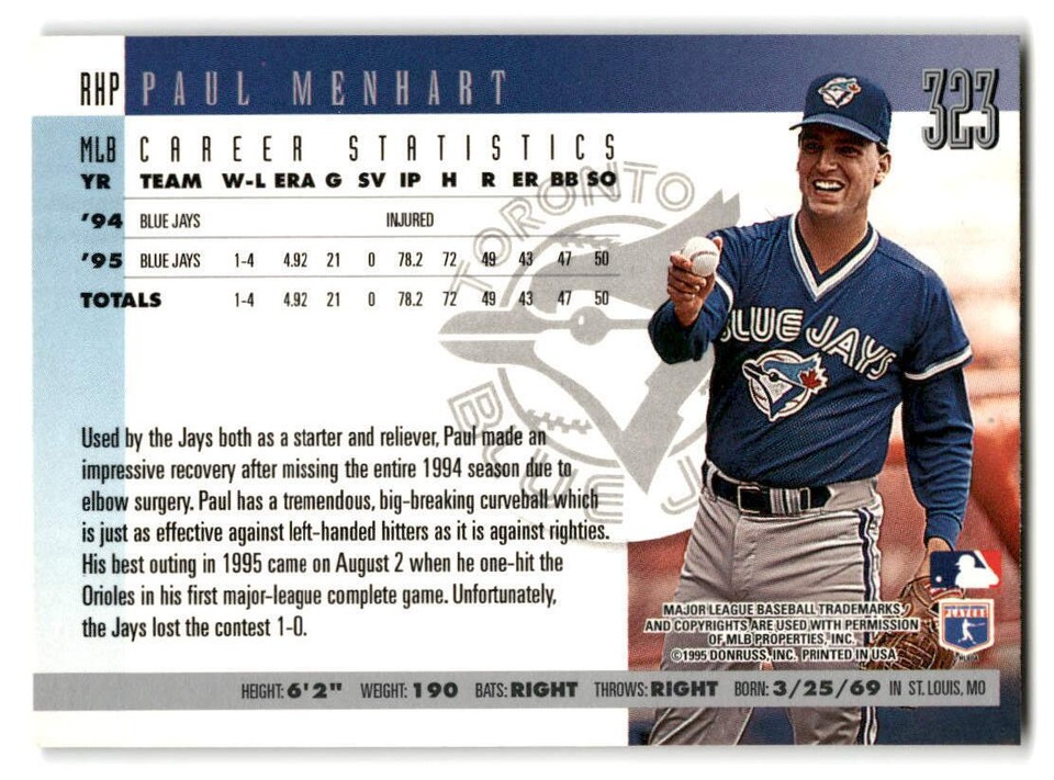 Paul Menhart 1996 Donruss #323 Toronto Blue Jays BASEBALL | eBay
