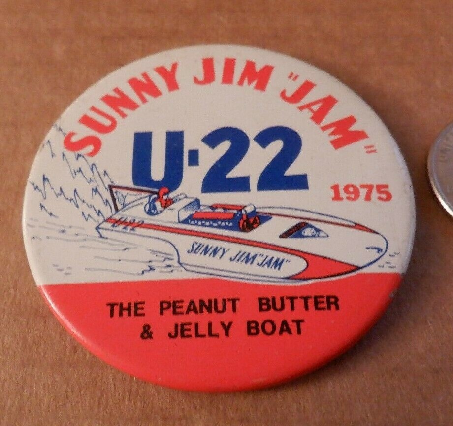1975 SUNNY JIM "JAM" U-22 HYDRO RACING BUTTON APBA HYDROPLANE BOAT PIN ...