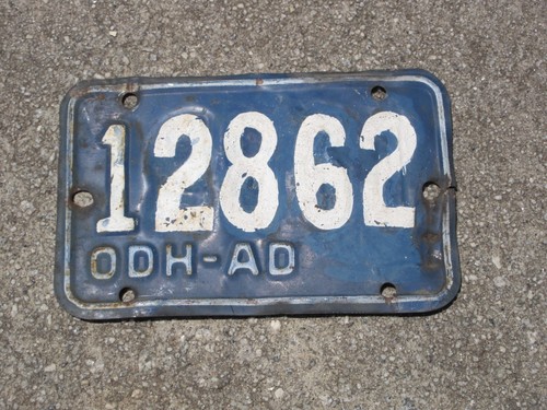 1960's Ohio Motorcycle Sized License Plate OH 12862 ODH AD Ad Permit ...