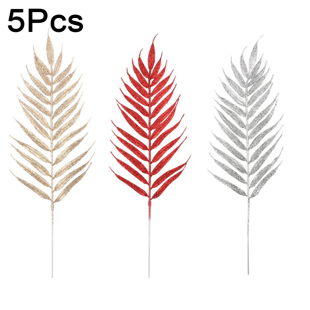5Pcs Christmas Glitter Fern Leaf Garland Leaves Hanging Decor Xmas Tree ...