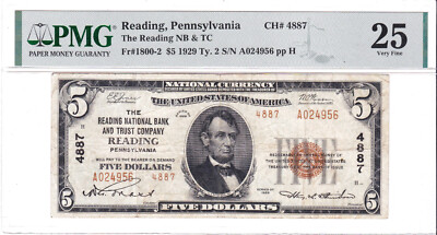 $5 1929 T2 National READING Pennsylvania PA 🇺🇸 PMG 25 Very Fine! 🇺🇸 | eBay