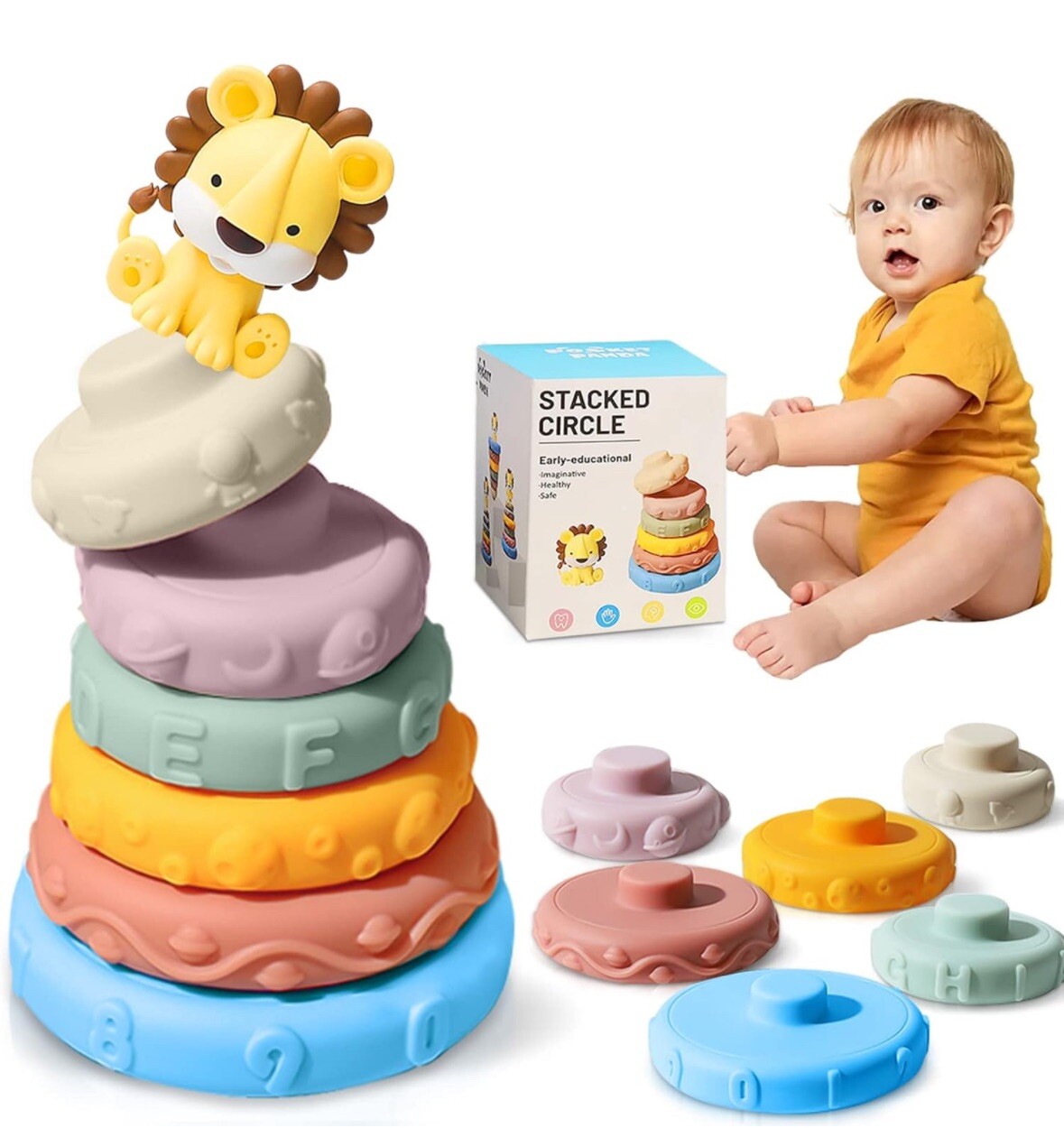 Baby Spinning Stacking Toys for Toddlers Pastel Rainbow Ring Stacker ...