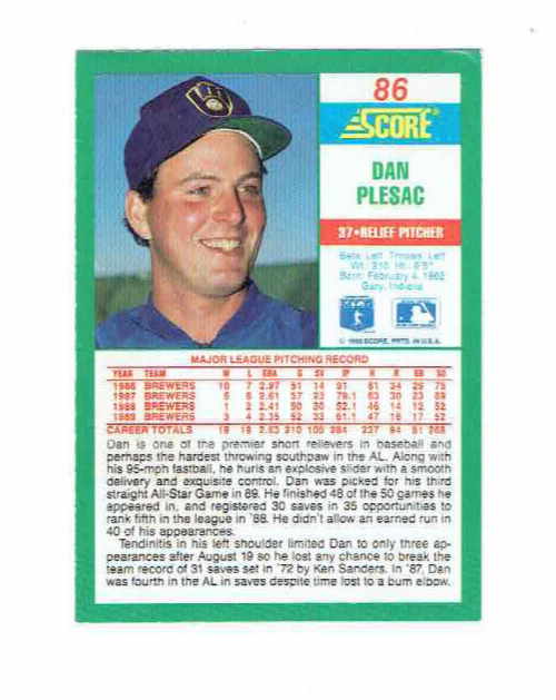 Dan Plesac Mariners #37 RP #86 Score 1990 Baseball Card | eBay