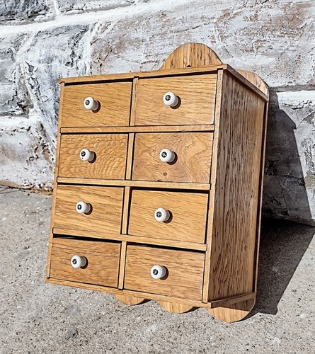 Antique Oak Wall Mount 8 Drawer Spice Cabinet, Scalloped Back ...