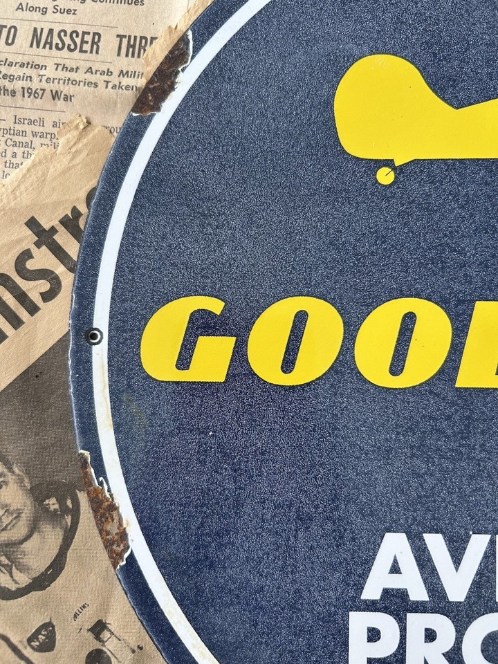 VINTAGE 1959 GOODYEAR AVIATION PRODUCTS 12 INCH PORCELAIN ENAMEL SIGN ...