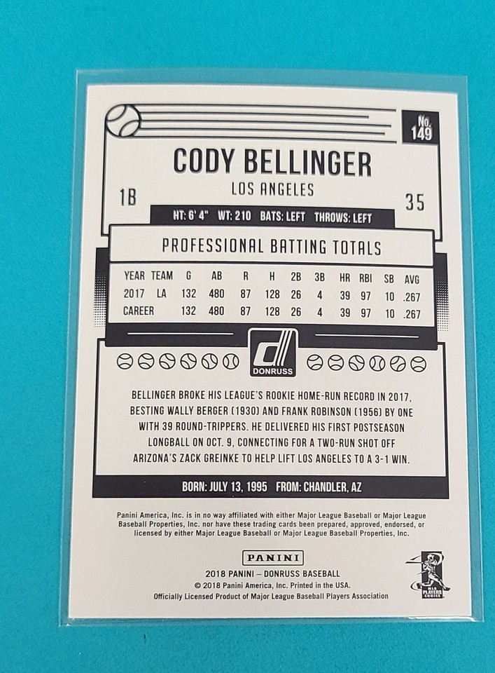 2018 Donruss #149 Cody Bellinger Los Angeles Dodgers BASEBALL Card G3 ...