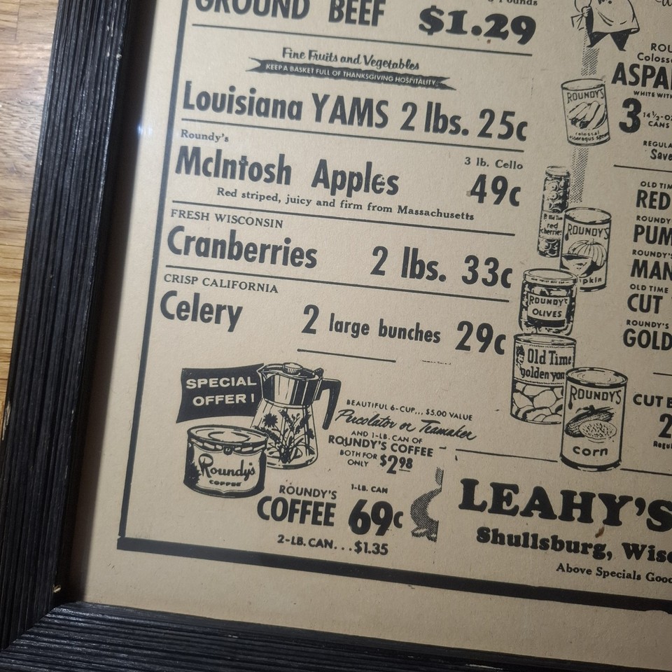 Framed 1960 LEAHY'S Market Flyer ad Shullsburg Wisconsin Thanksgiving ...